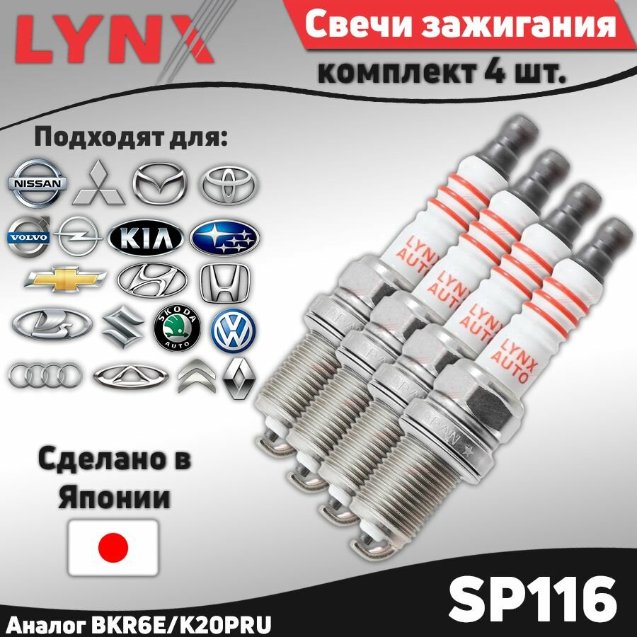 Свечи зажигания (комплект 4шт) Kia Spectra / Renault (Logan, Duster, Sandero, Megane, Fluence, Laguna) / Nissan Almera (G15) / Lada (Vesta, Largus) ; Киа Спектра, Рено Логан, Сандеро, Дастер, Меган, Флюенс, Лагуна, Лада Веста, Ларгус / Аналог BKR6E/K20PRU