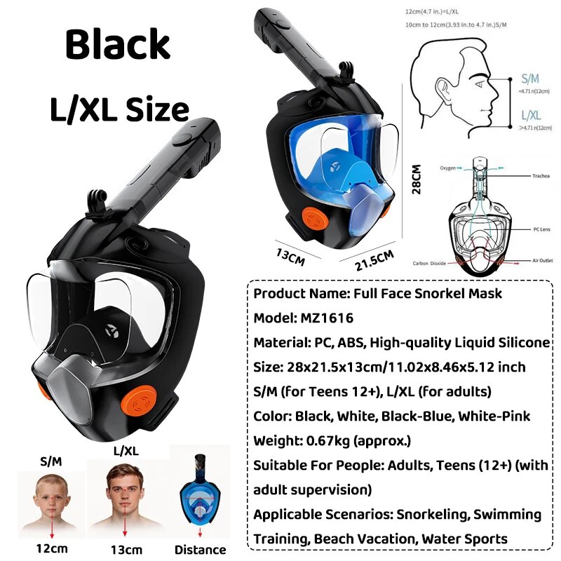 Полнолицевая маска для сноркелинга MZ1616 черная L/XL