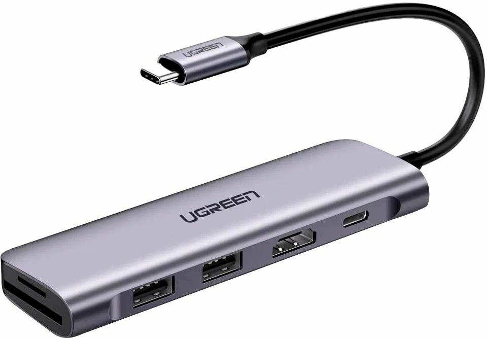 USB Хаб UGREEN CM195 (70411) USB-C to 2 Ports USB 3.0-A Hub + HDMI + TF/SD with PD Power Supply. Цвет: серый космос