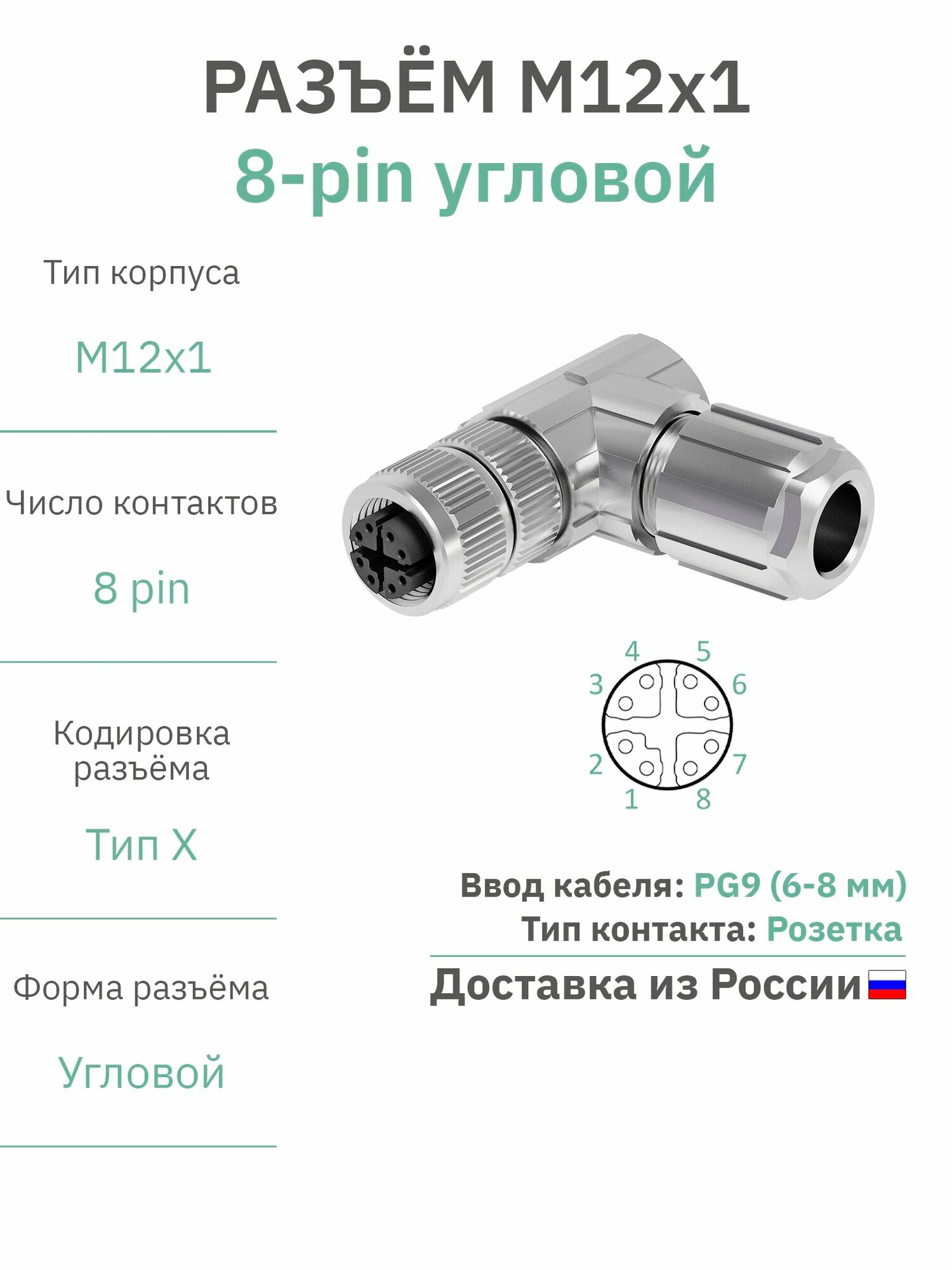 RAZM-F12-C8A-CODE-X-PG9-LT разъём M12 X-coding Ethernet 8 pin угловой / розетка (мама) / PG9 (6-8 мм диаметр под кабель)