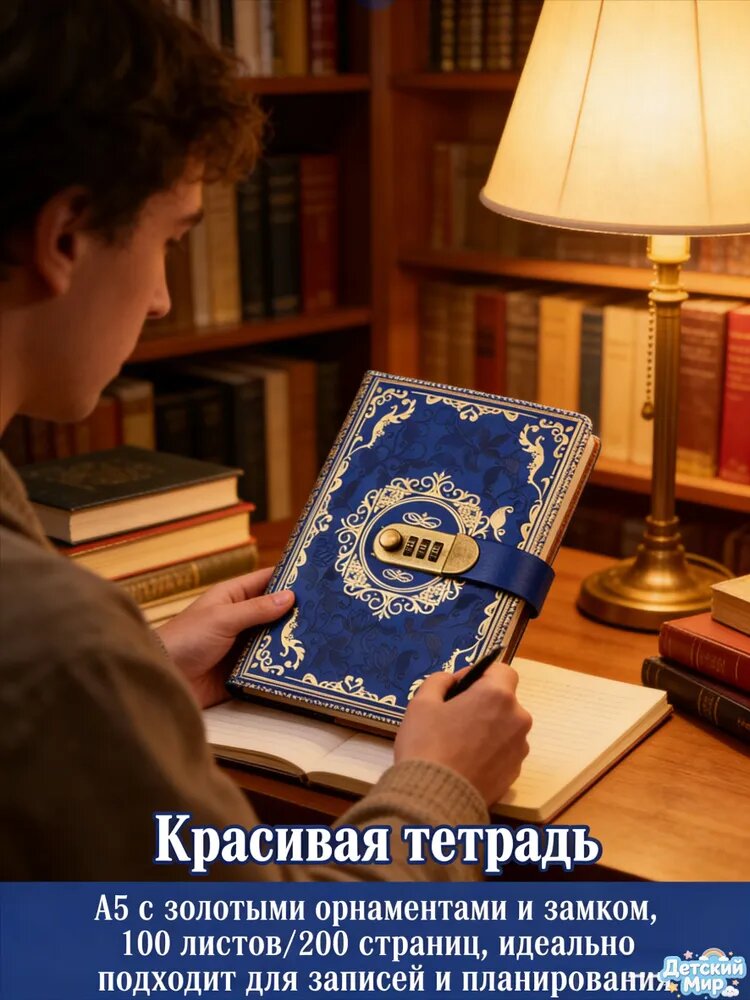 Блокнот А5 с кодовым замком, 200 страниц, плотная бумага, темно-синий, искусственная кожа — фото 1