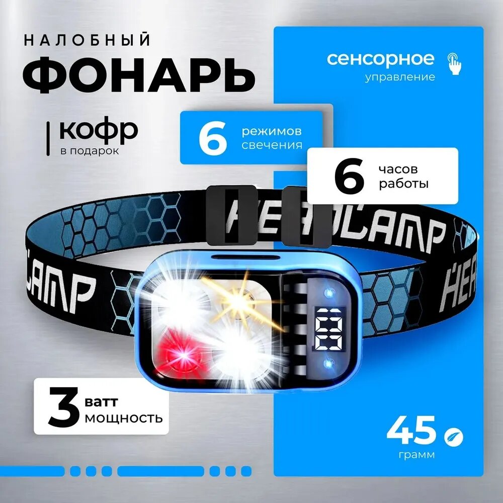 Xiaomi Налобный фонарь аккумуляторный мощный 3 Вт 5600 Люмен с сенсорным управлением