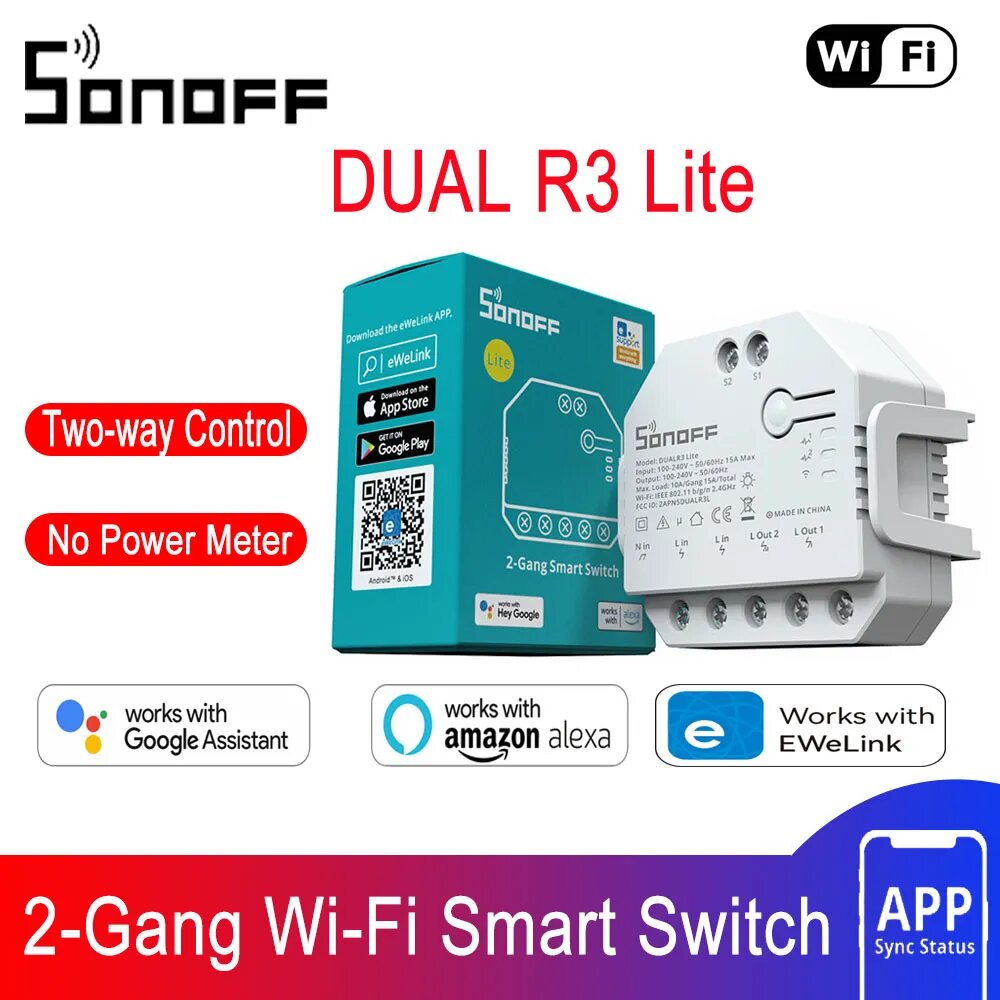 Умное двухканальное WiFi Реле Sonoff DUALR3 Lite, 15А/3300Вт (Работает с Алисой)
