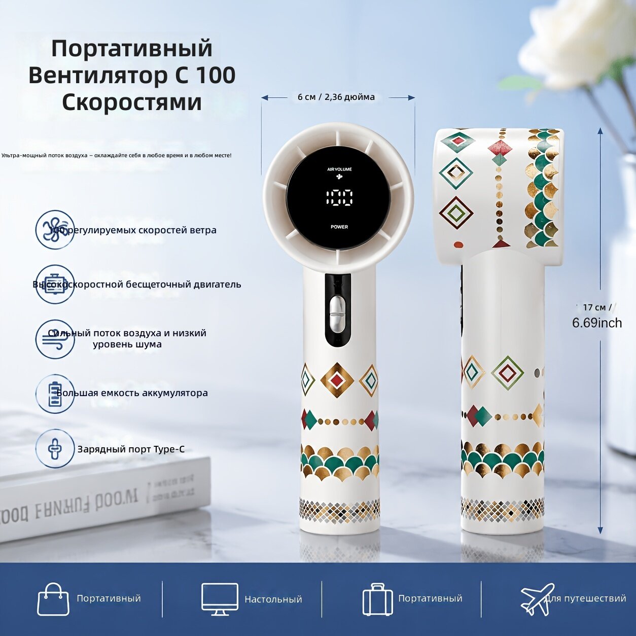 Портативный ручной вентилятор Striped Turbo, 100-уровневая бесступенчатая регулировка скорости, мощный ветер, аккумулятор 1800mAh, белый