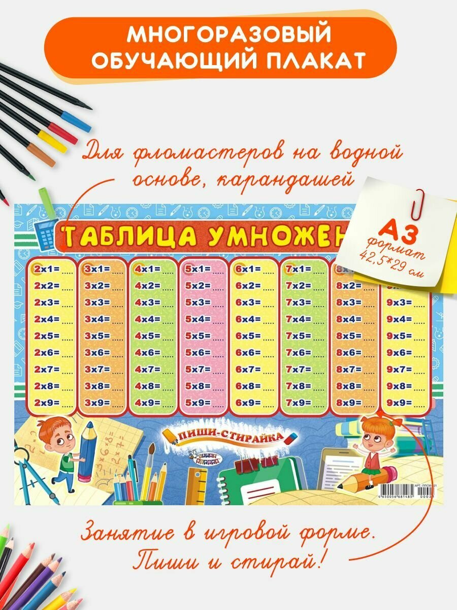Многоразовый обучающий плакат Таблица умножения А3