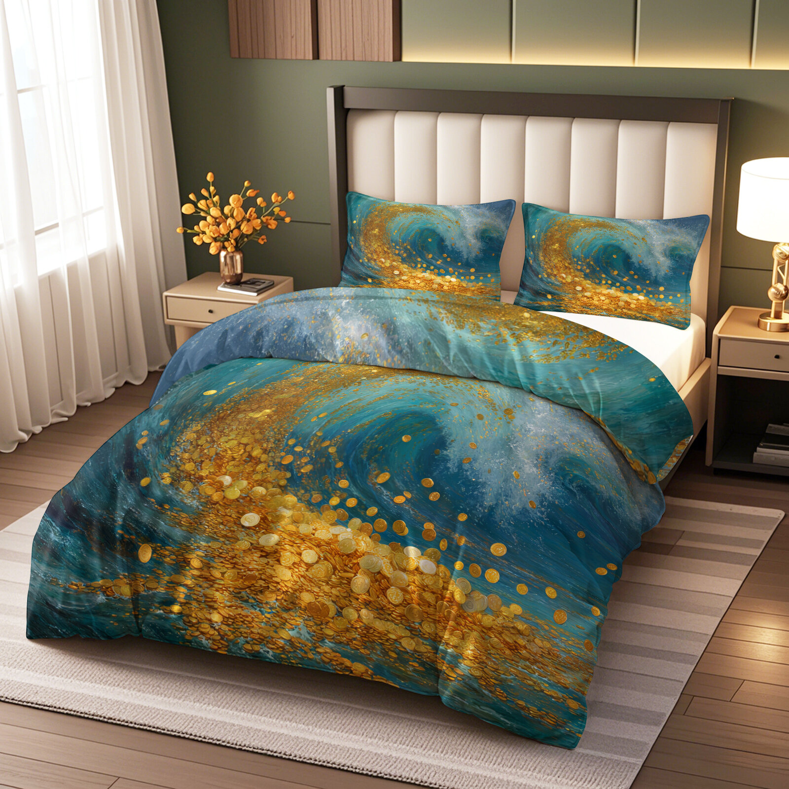 Голубые Волны Комплект постельного белья 1.5/2-сп/Евро 3 предмета 175x215cm Золотые Монеты Mикрофибра 2 наволочки 70х70