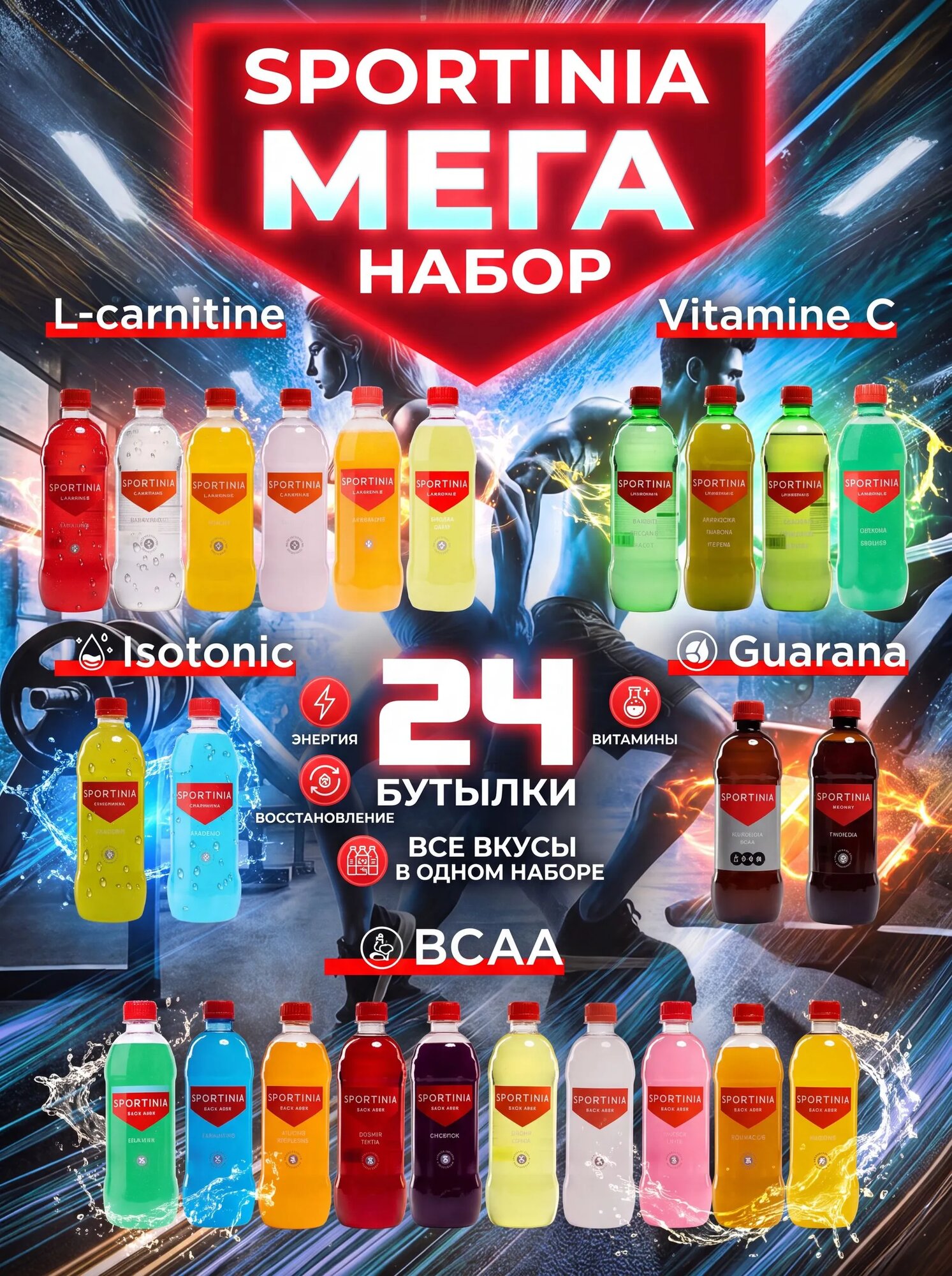 Набор спортивных напитков Sportinia мега ассорти, 0,5л./24 бут.