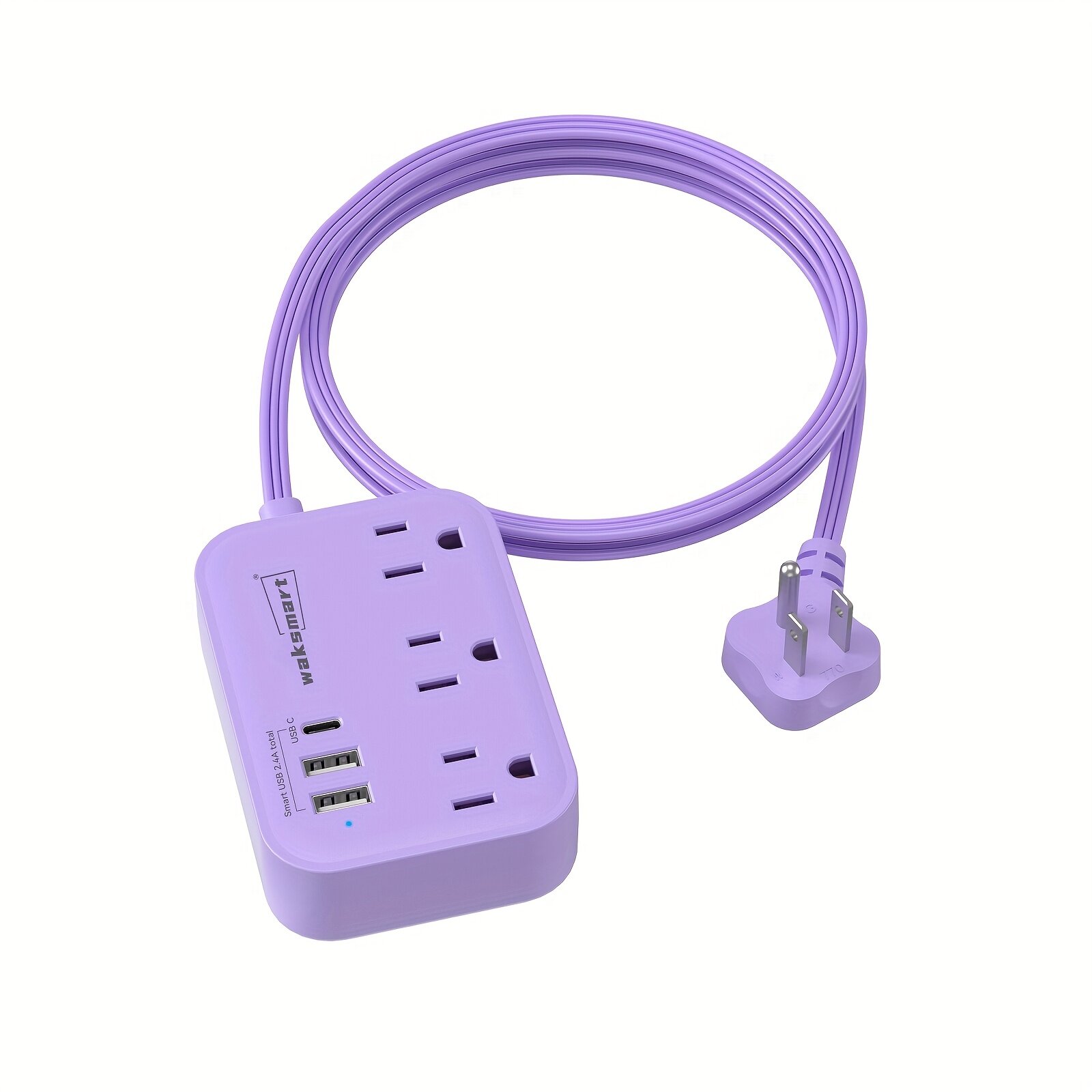 Плоский сетевой фильтр-удлинитель 5 футов, 6-в-1: 3 широкие розетки и 3 USB-порта (1 USB-C), защита от перенапряжения 980 Дж, фиолетовый