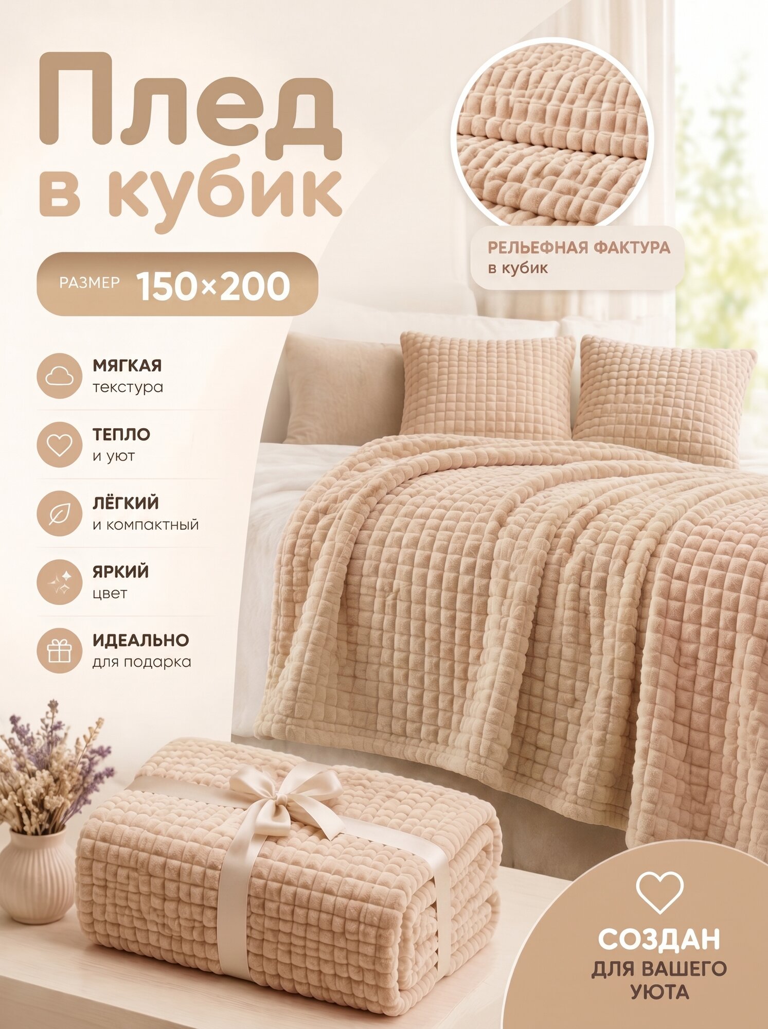 Плед "Кубик", 150x200см, мягкий, дышащий, всесезонный, для уюта и тепла