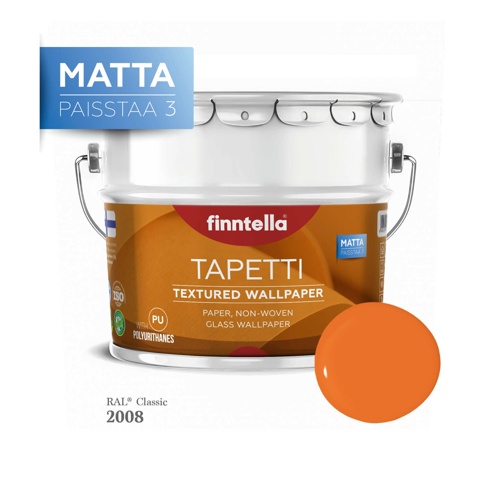 Матовая краска для обоев под окраску TAPETTI Matta FINNTELLA, Цвет RAL 2008 Ярко-красно-оранжевый (Bright red orange), 9л