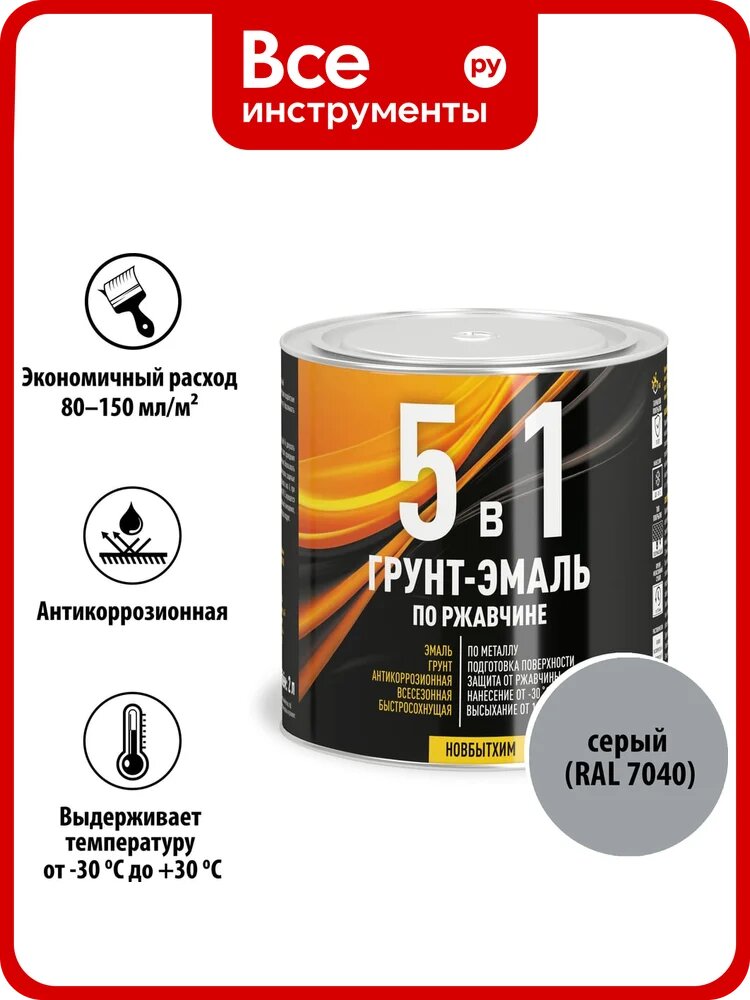 Грунт-эмаль 5в1 Новбытхим, серый, RAL 7040, банка 0.75 л 3877