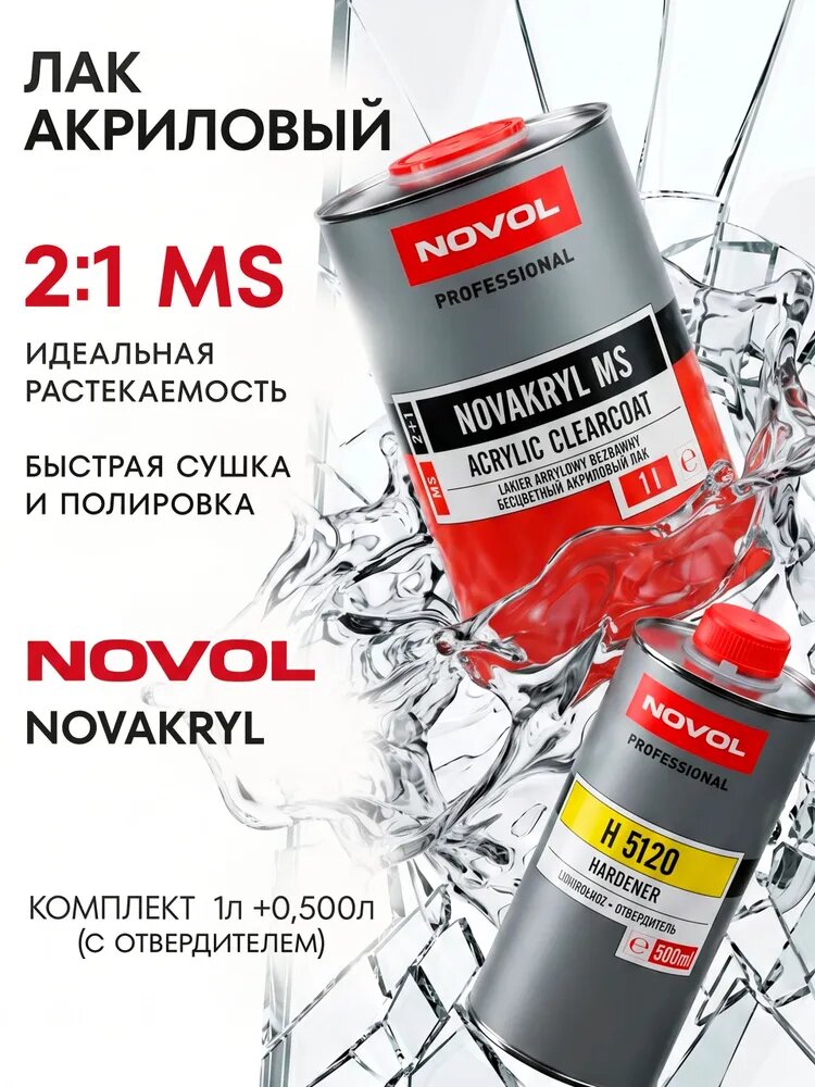 Лак автомобильный акриловый Novol NOVAKRYL 2+1 MS, лак для авто глянцевый кузовной с отвердителем, ЛКМ комплект 1.5 л