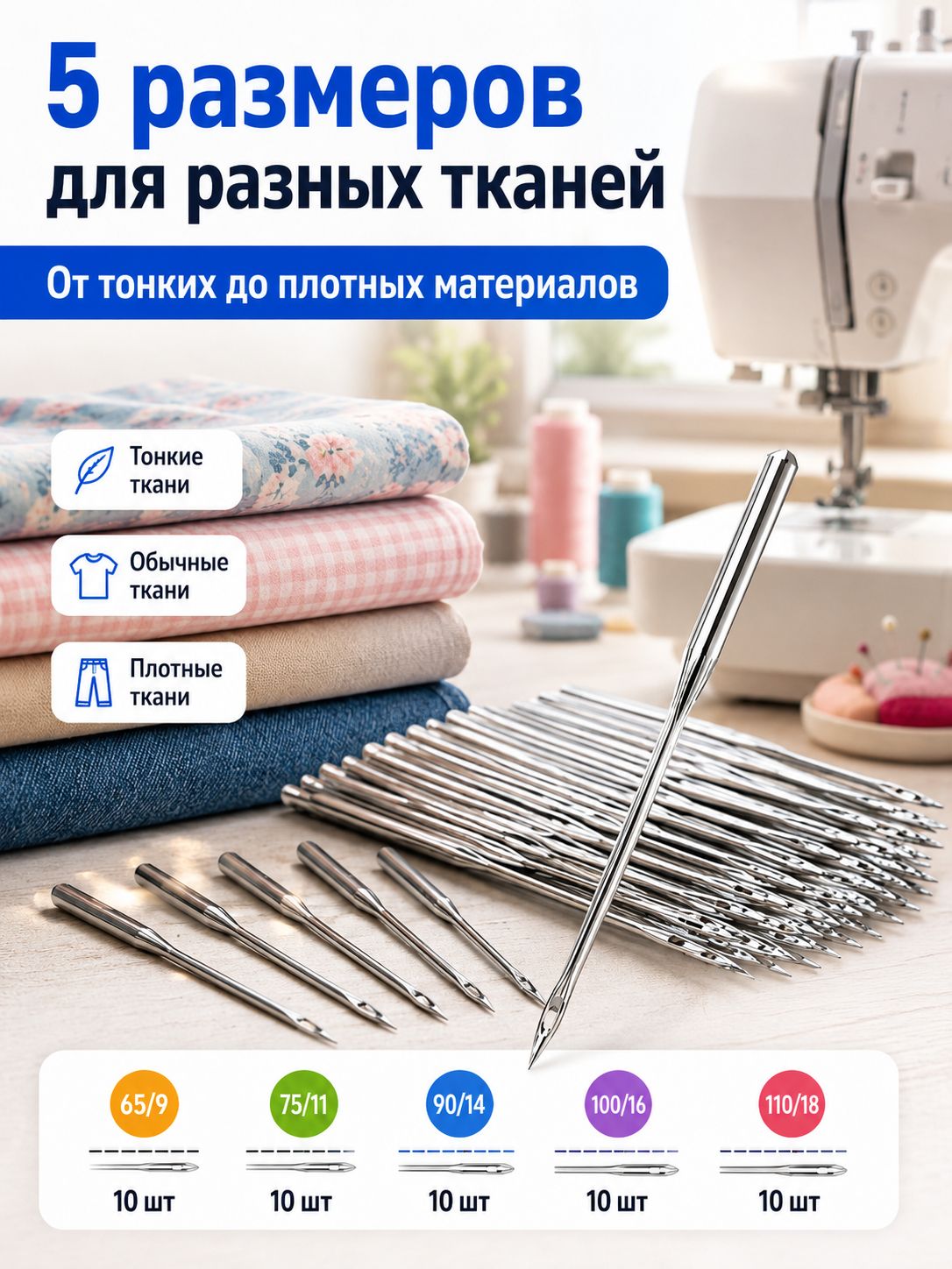 50 комплектов универсальных игл для бытовых швейных машин