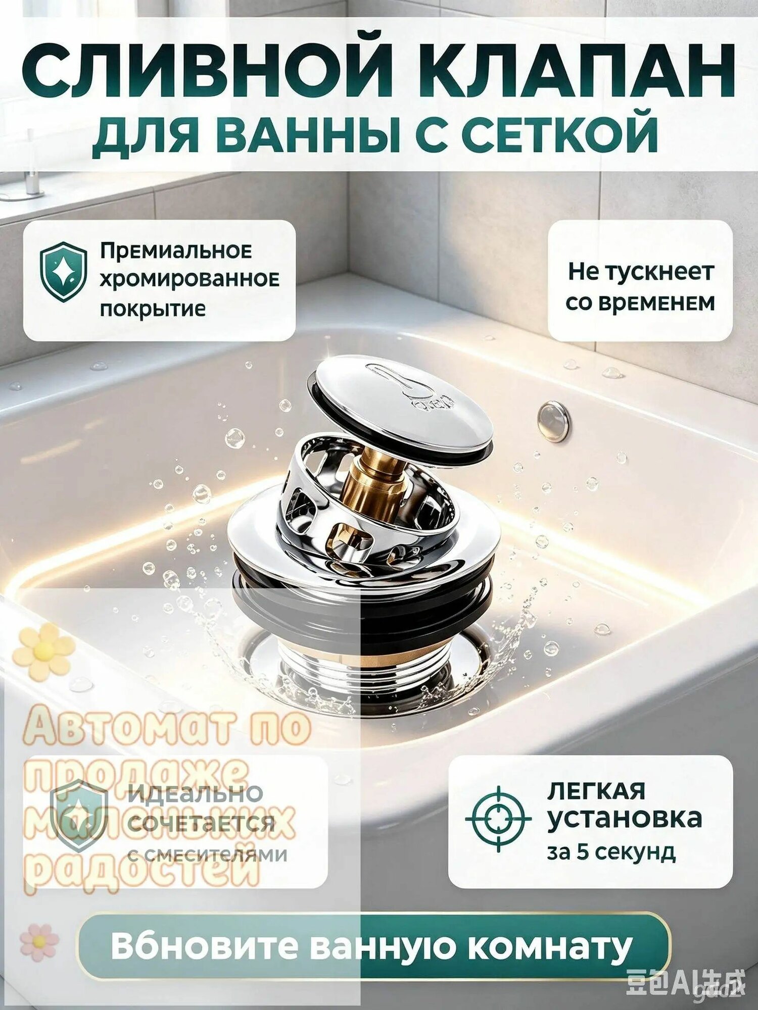 Сливной клапан для ванны с сеткой от засоров, донный клапан клик клак с улавливателем волос, хромированная пробка для ванны клик-клак.