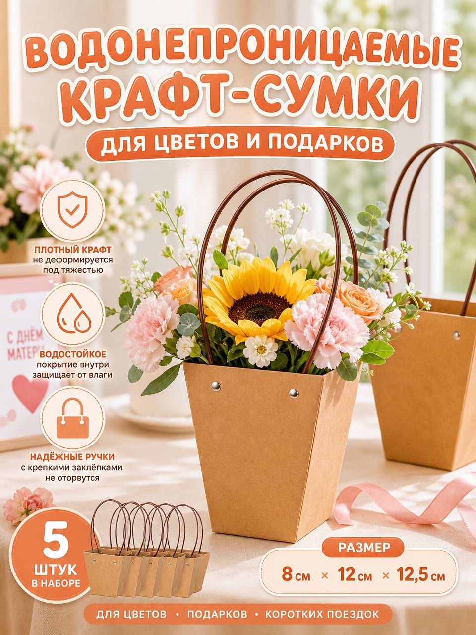 Крафт сумка для цветов и подарков 5 шт, водонепроницаемая бумажная корзина сумка для букетов, конфет, презентов