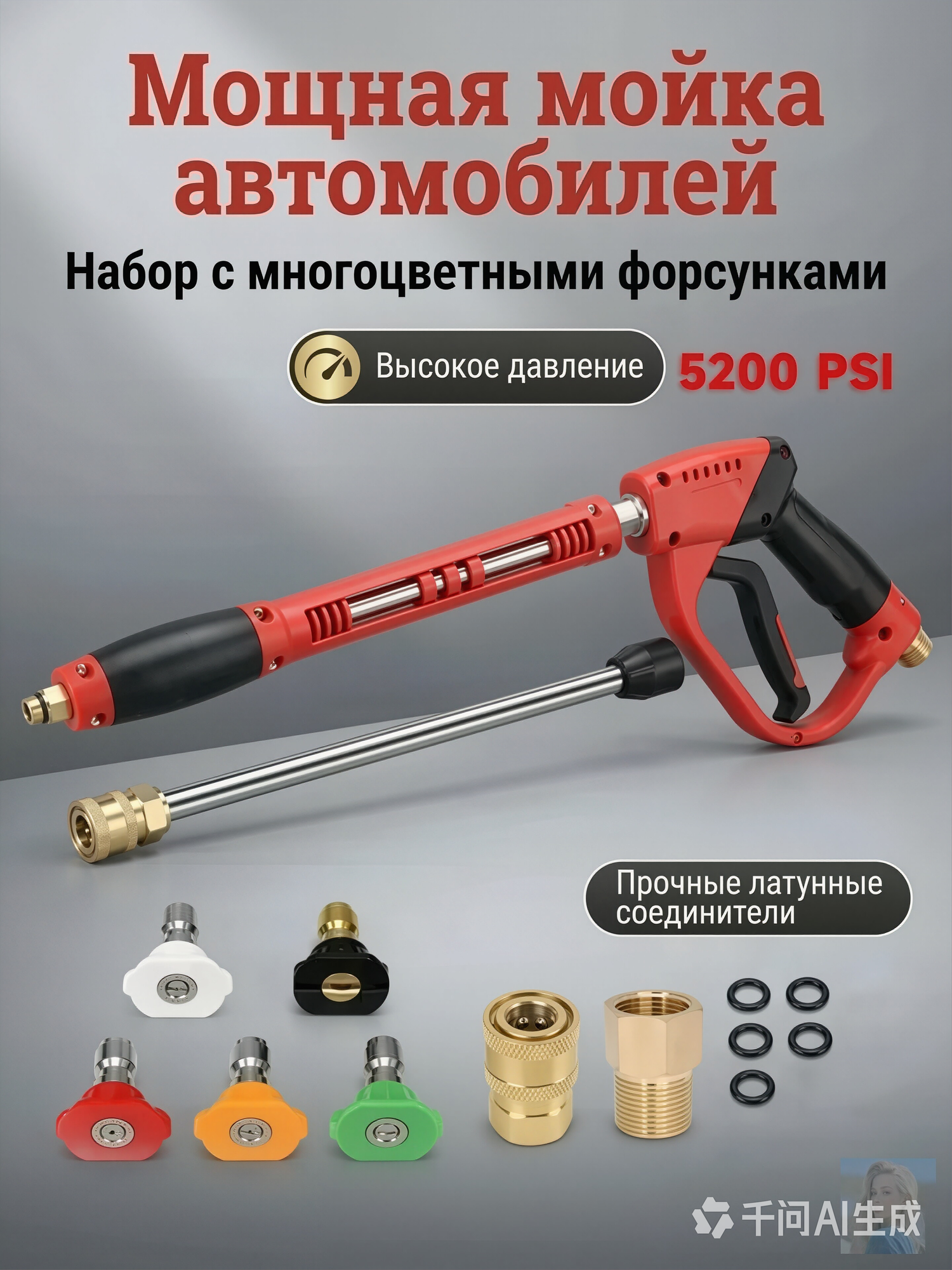 Пистолет для мойки высокого давления с 5 насадками и уплотнительными кольцами, резьба M22, до 345 бар, черный