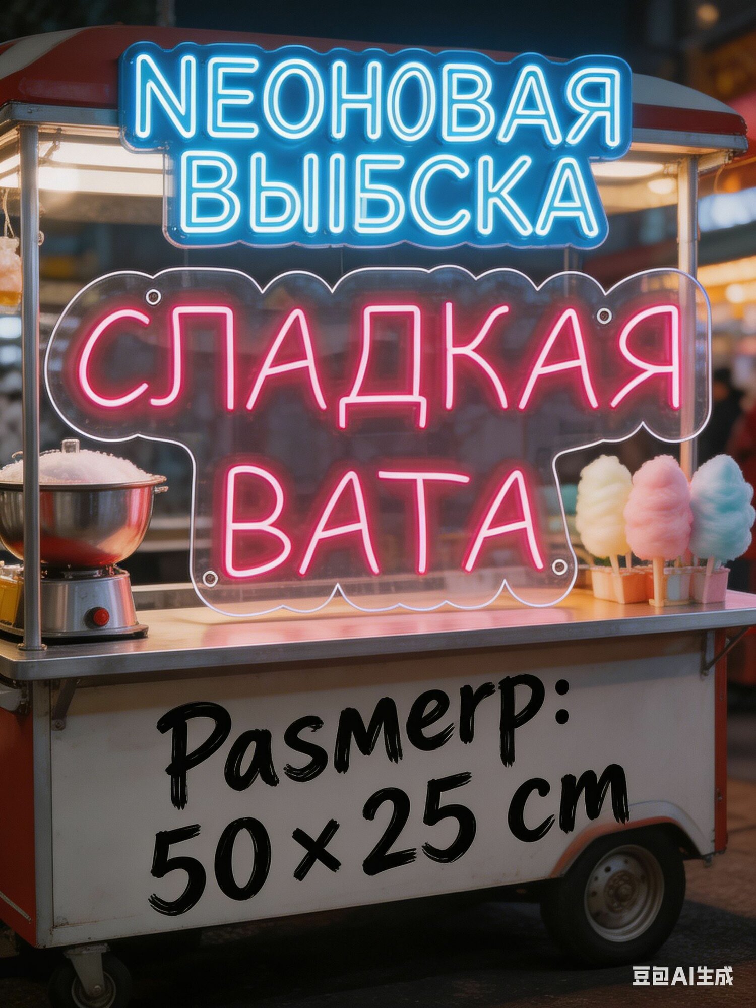 Неоновая вывеска "Сладкая вата" розовая для ярмарки, кафе и кондитерской