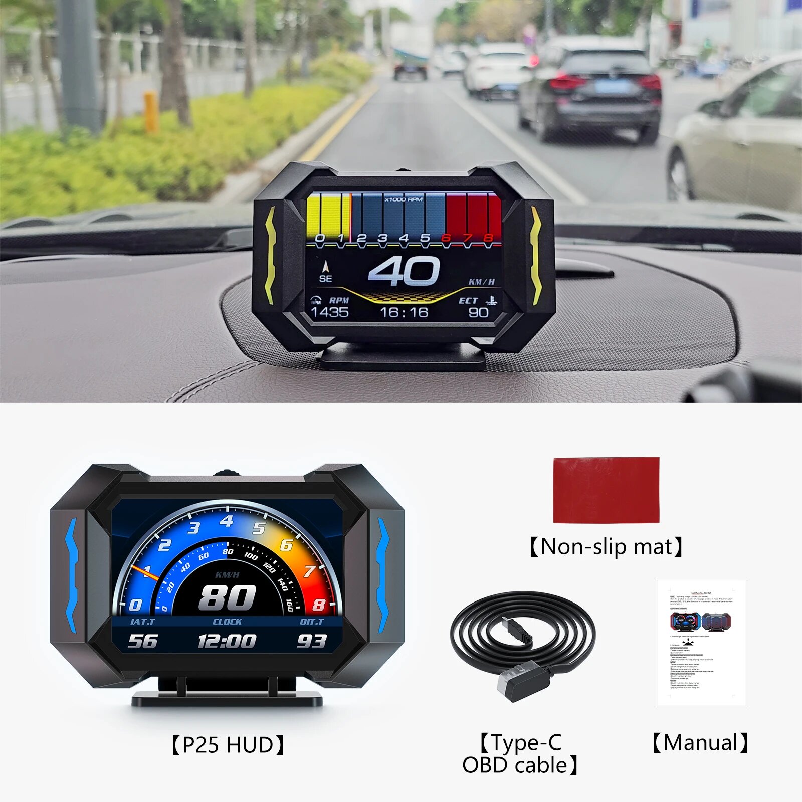 P25 Автомобильный HUD-дисплей для измерения скорости, времени, температуры воды, расхода топлива, угла наклона, акселерометра.