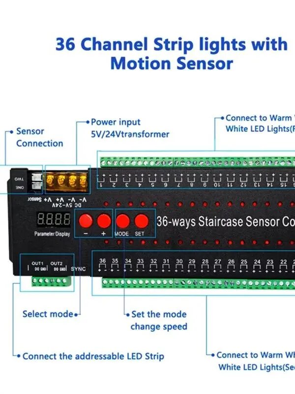 Улучшенный контроллер для светодиодных лент \"протекающей воды\" с напряжением DC5V/24V и 36 каналами для ступеней лестницы