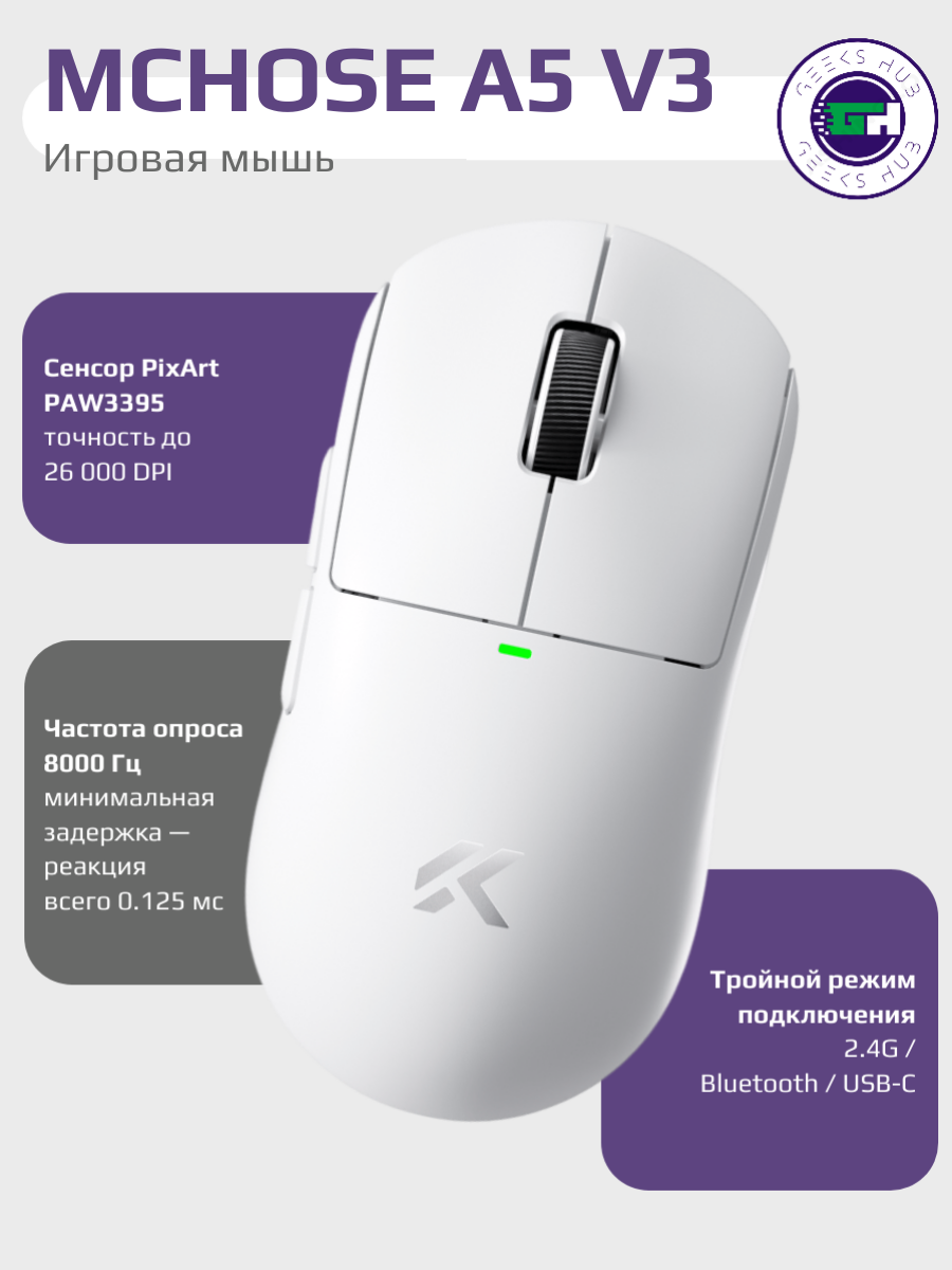 Беспроводная игровая мышь MCHOSE A5 V3, белая, до 26 000 dpi