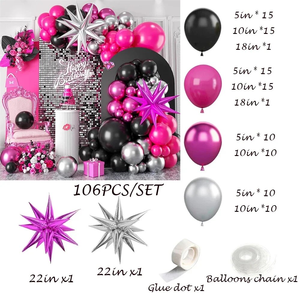 106 шт, ярко-розовые, черные, серебряные воздушные шары, гирлянда-арка, комплект с воздушными шарами со звездами для девочек, на день рождения, для женщин, свадьба, декор для свадебной вечеринки