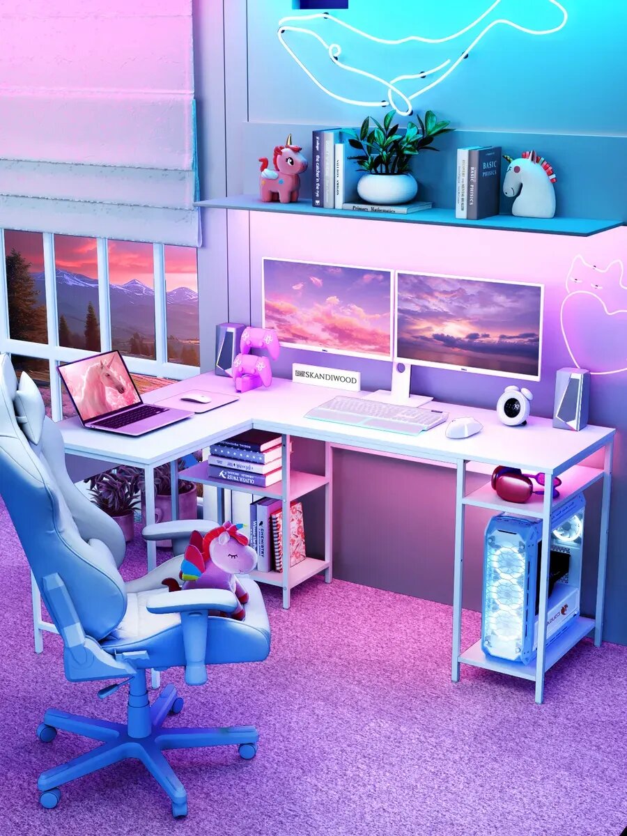 Стол компьютерный геймерский угловой с полками белый компьютерный письменный для школьника