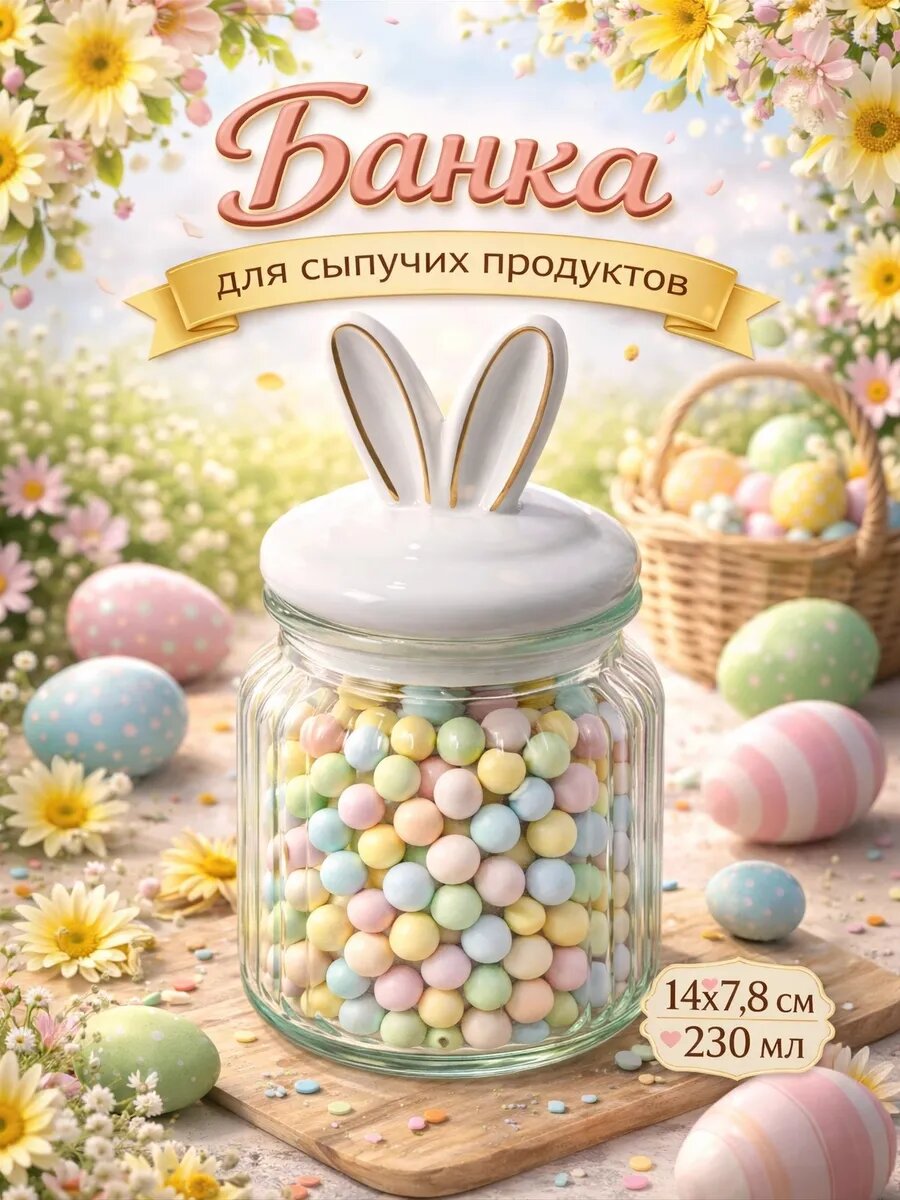 Банка для сыпучих Доляна «Зайка в золотом», 230 мл, с керамической крышкой, стекло, прозрачная