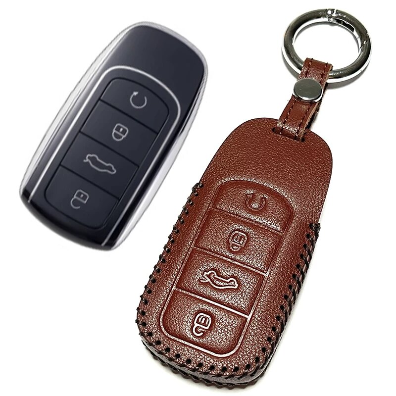 Кожаный ключевой держатель с кольцом для Chery Tiggo 5x, 7, 8, 9, Explore 06, Oumei Da - Темно-коричневый Прочный