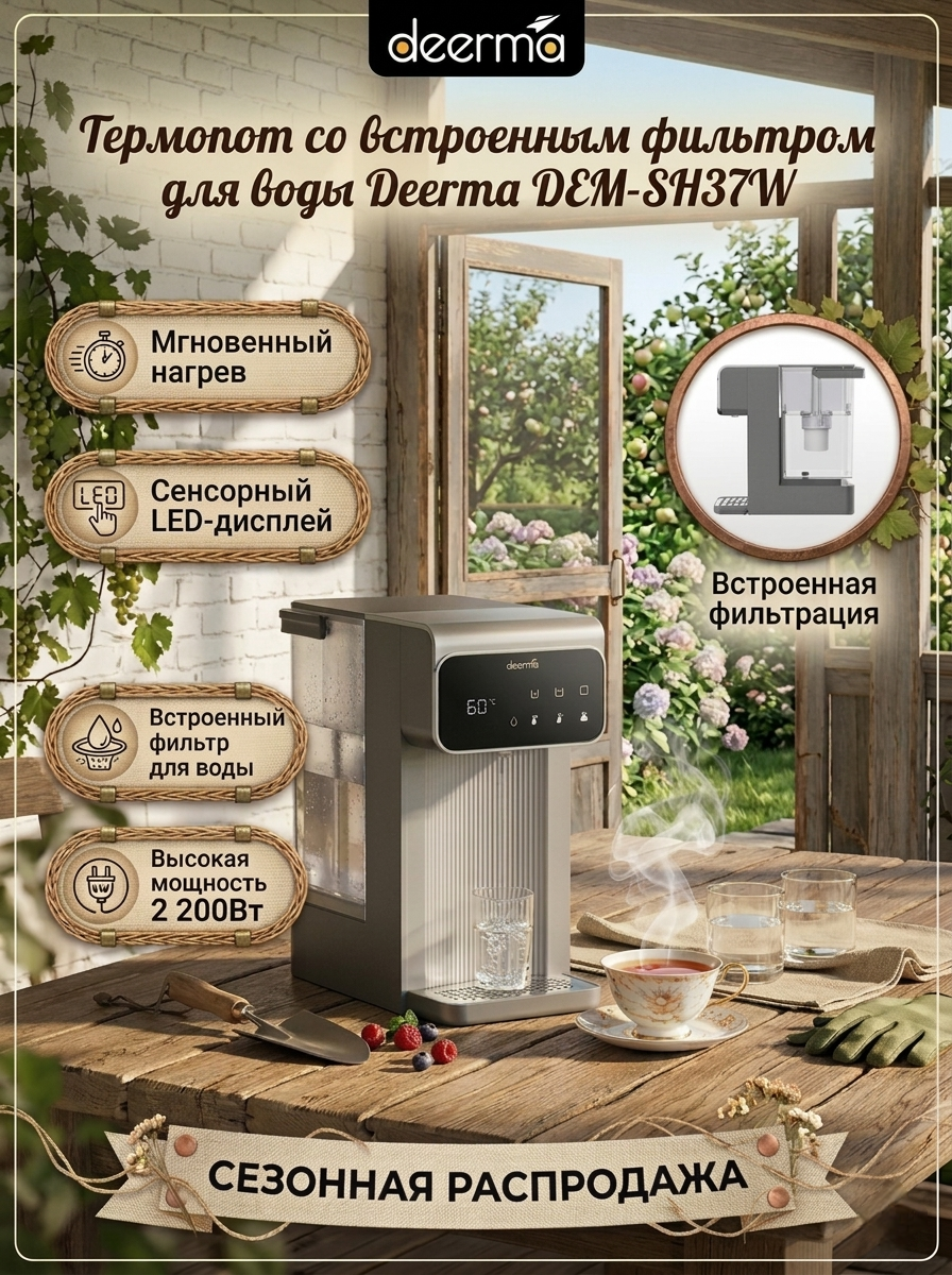 Термопот со встроенным фильтром для воды Deerma DEM-SH37W, LED-дисплей, несколько уровней нагрева воды, черный