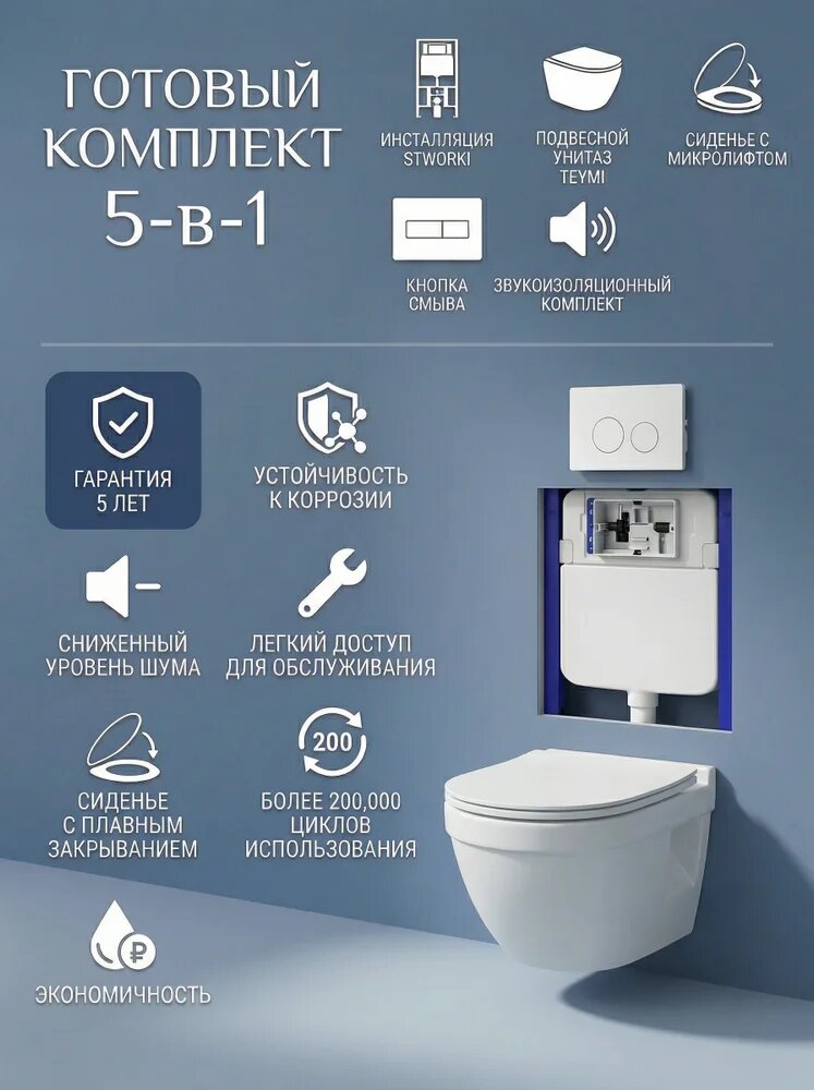 Комплект 5 в 1: Инсталляция STWORKI Хельсинки S33500WH / Унитаз подвесной Teymi Vitra Pro T40806 / Сиденье с микролифтом, Комплект шумоизоляции, Кнопка глянцевая белая