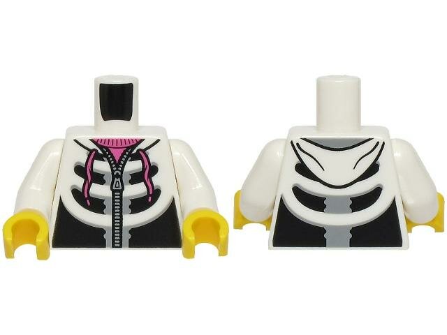 Деталь Lego 973pb5875c01 Torso Black and Light Bluish Gray Hoodie with Zipper and Skeleton Ribs, Dark Pink Laces and Shirt Pattern (BAM) / White Arms / Yellow Hands