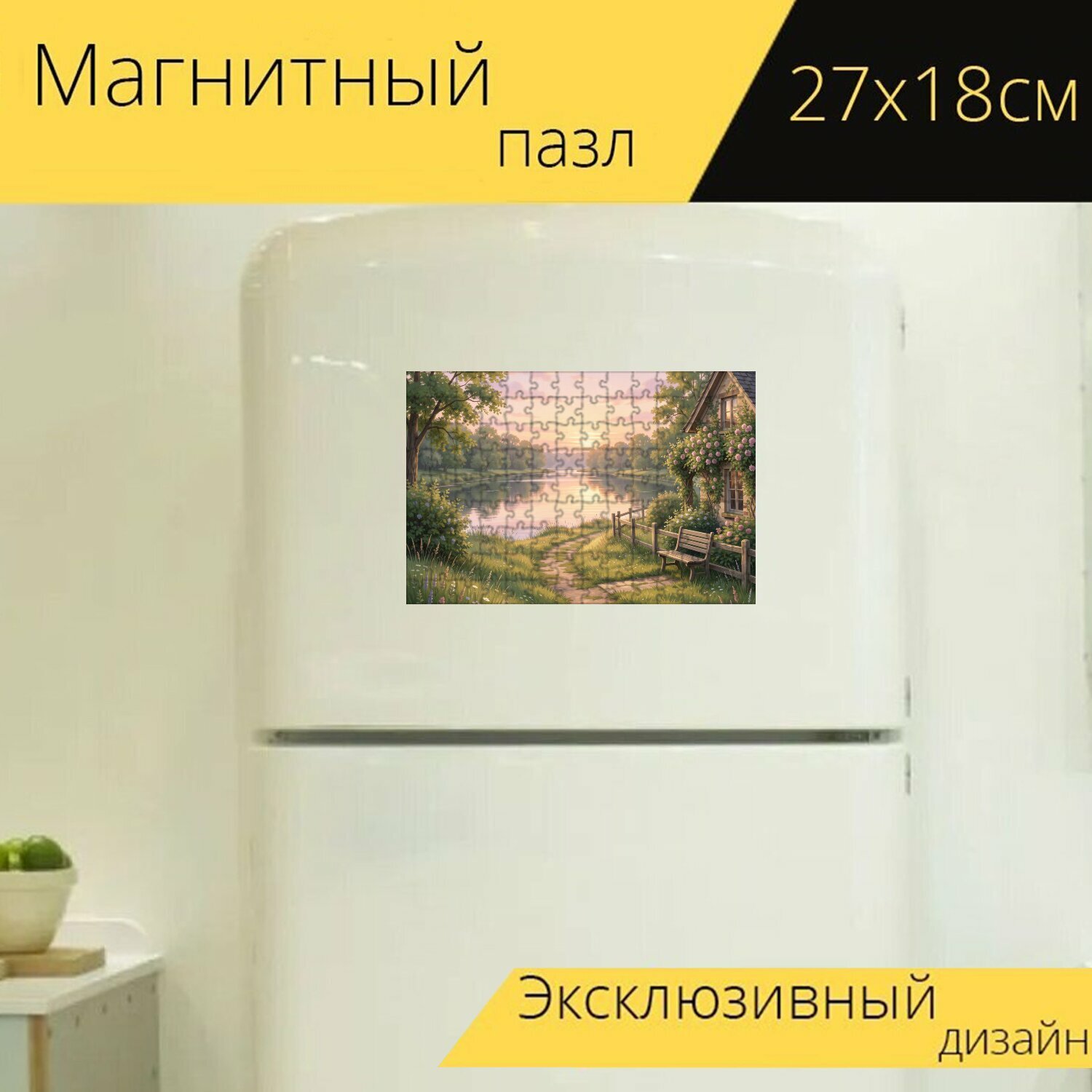 Магнитный пазл "Дом у реки на закате. Уютный сельский пейзаж в мягких пастельных тонах: спокойная вода, тропинка к берегу, цветущий куст у окна, деревья." на холодильник 27 x 18 см.