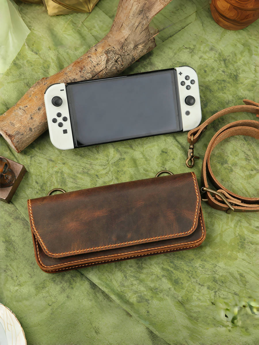 Изготовленный из натуральной кожи чехол для Nintendo Switch OLED с ремешком, ретро-дизайн из бычьей кожи