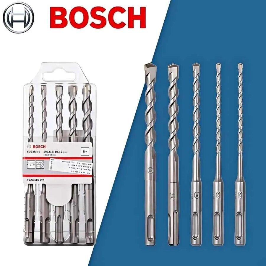 BOSCH, Набор буров, SDS plus 4 углубления, 5 штук, для перфорации цементобетонных стен 6/8/10/12 мм, 100/160 мм, 2608579120