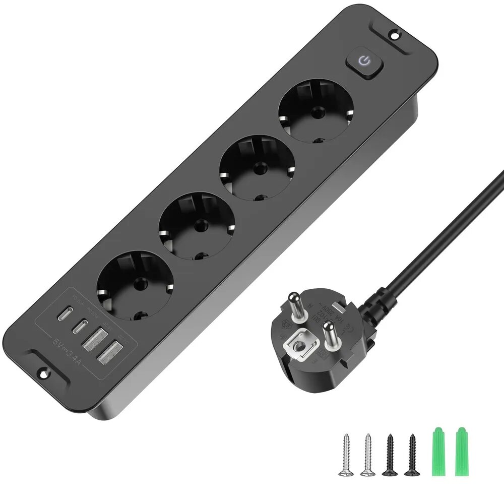 HITRENDS Встраиваемый удлинитель с 4 розетками и 2 USB + 2 Type-C (быстрая зарядка), выключатели, 4000W 16A 250V, огнестойкий, кабель 2 м