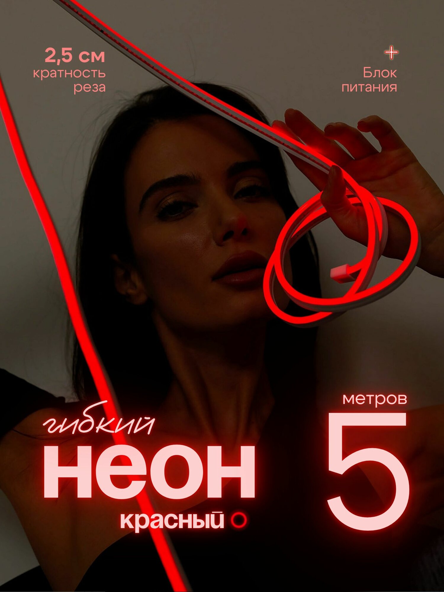 Гибкий неон 12В 5 метров, размер 6х12мм, светодиодная лента, красный
