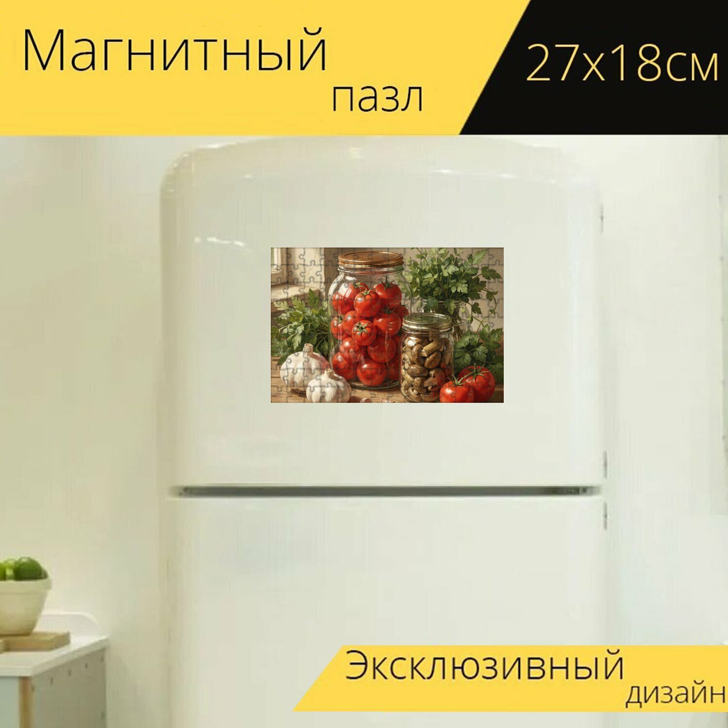 Магнитный пазл "Натюрморт с помидорами и зеленью. Уютная деревенская композиция: стеклянные банки с красными томатами и грибами, чеснок, петрушка на." на холодильник 27 x 18 см.