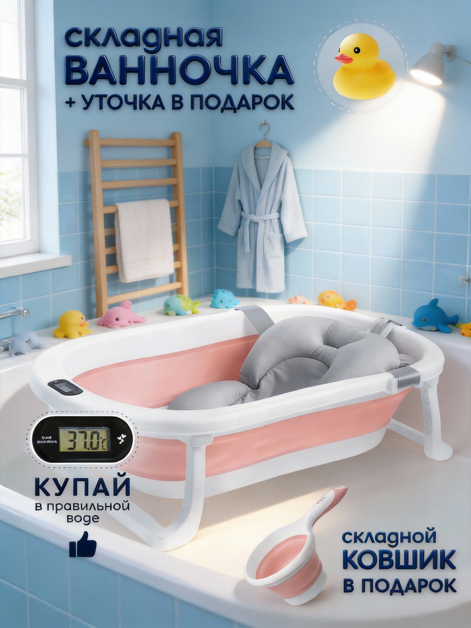 Ванночка для новорожденных и детей до 3 лет, складная модель с горкой и гамаком для купания, встроенный термометр и лейка, устойчивые ножки