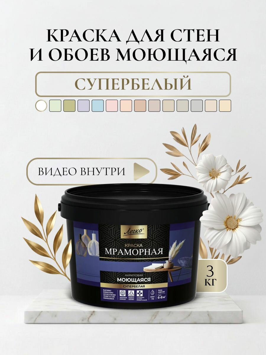 Краска моющаяся для обоев и стен Легко, для потолков, высокоукрывистая, водно-дисперсионная, акриловая, матовая, без запаха, белая, 3 кг