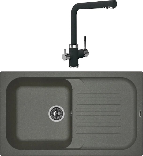 Комплект Мойка Florentina Арона, 860 черный / Смеситель Арес FL, черный