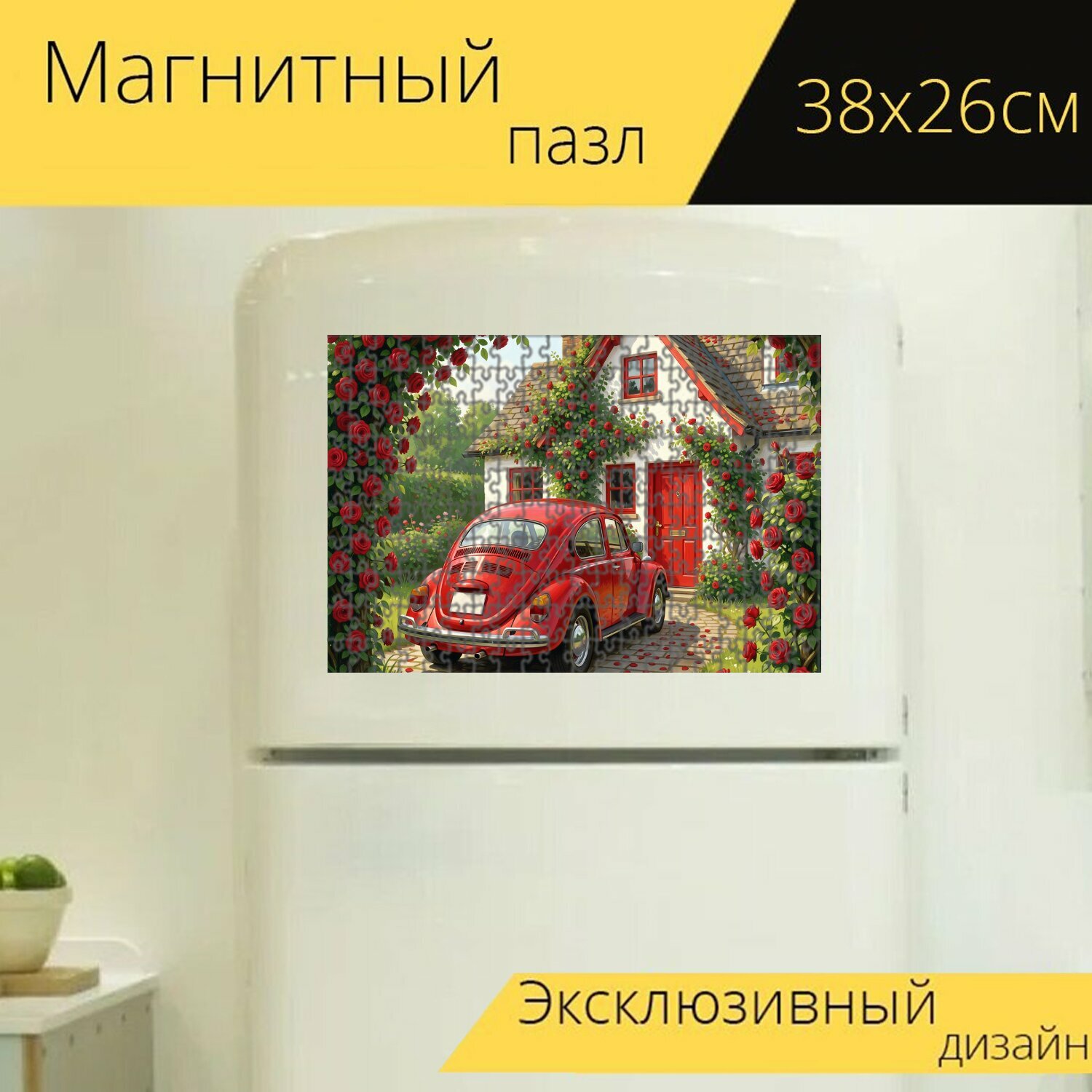 Магнитный пазл "Красный автомобиль у дома в розах. Уютный летний дворик с винтажной красной машиной у белого коттеджа, оплетённого алыми цветами. Яркая." для интерьера, 38х26 см.