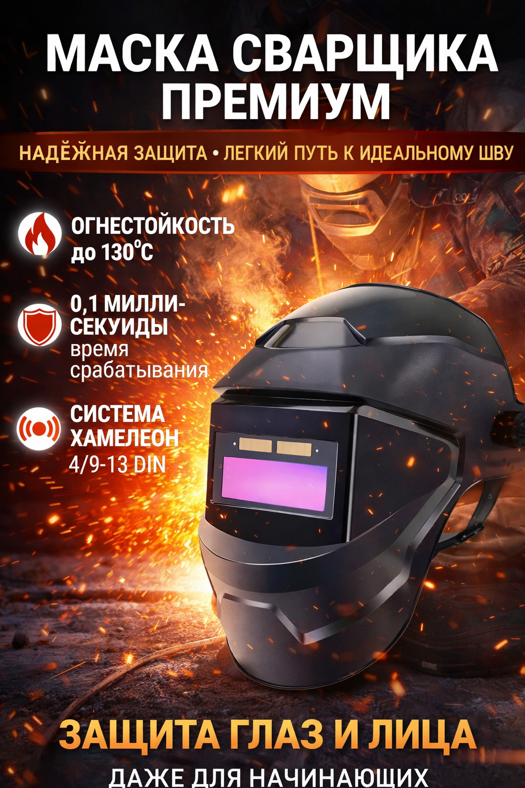 Маска сварщика хамелеон защитная, профессиональная / черная фиолетовый светофильтр MARTEX