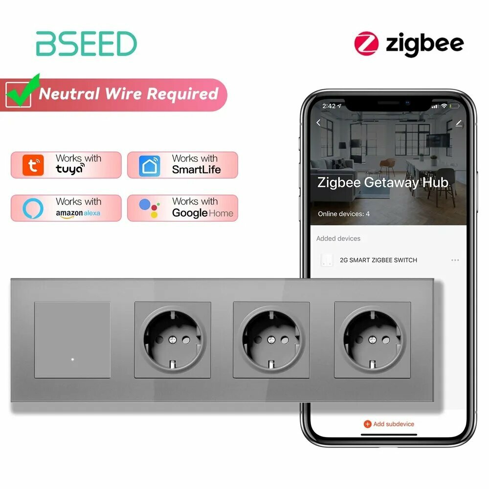 Умный выключатель с розеткой c Алисой ZIGBEE, Легко нажать, Пластиковая рамка, Серия E - CLICK