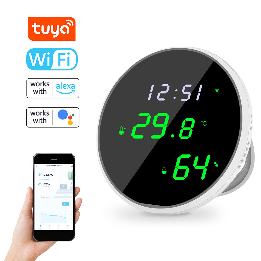 Tuya Wifi Temperature Humidity Sensors APP Remote Monitor Control for Home Intelligent Scenario Linkage Compatible with Amazon Voice
