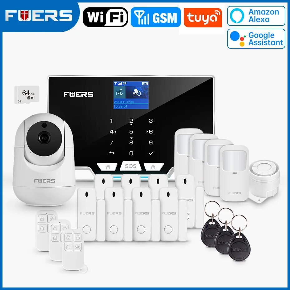 FUERS Tuya Smart WIFI GSM Система тревоги Беспроводная домашняя охранная система тревоги для предотвращения вторжений Контроль сирены Детектор движения PIR Дым-G20 GSM Комплект тревоги 11
