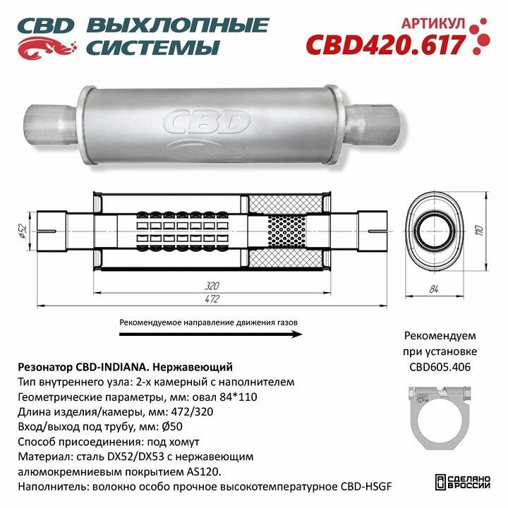 Резонатор CBD-INDIANA L480 овал 84*110мм под трубу 50мм. Нержавеющий. CBD420.617 CBD420.617