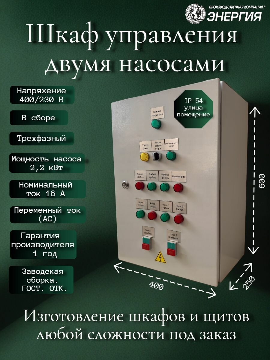 Шкаф управления насосами ШУН-2-022-400В, 2 насоса: 400В; 2,2кВт; 16А; IP 54