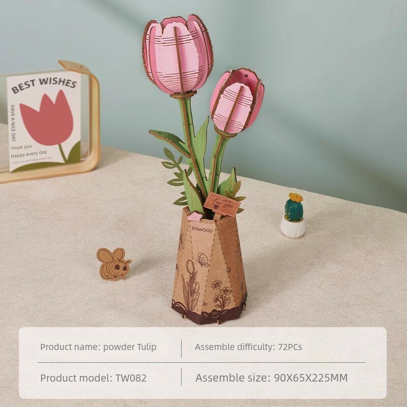 Розовый тюльпан деревянная 3D-пазл-модель, образовательная игрушка для взрослых с самостоятельной сборкой