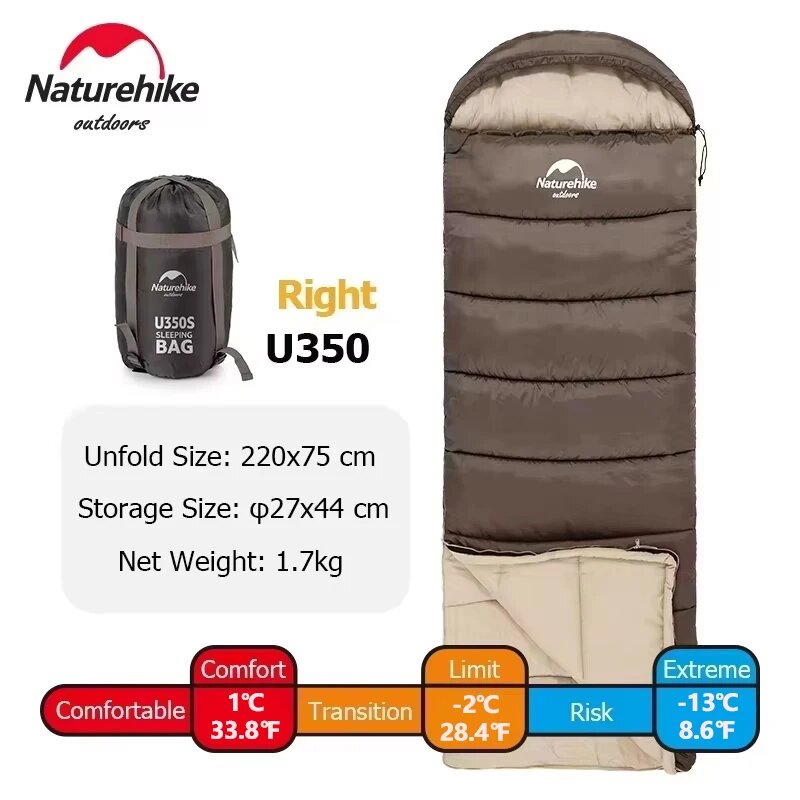 Naturehike одноместный полиэстеровый спальный мешок удлиненный (-10°C)