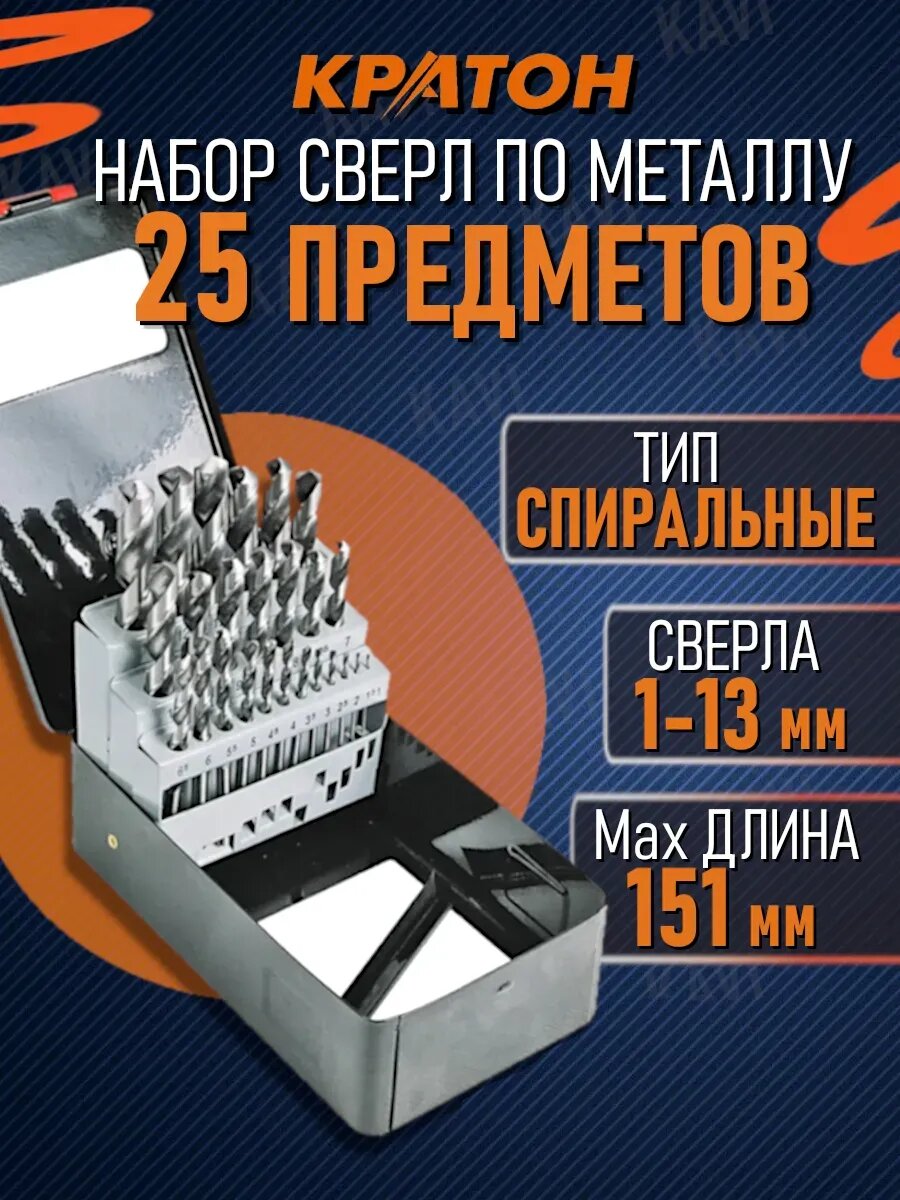 Набор сверл Кратон, шлифованные, по металлу, 1-13 мм, 25 штук